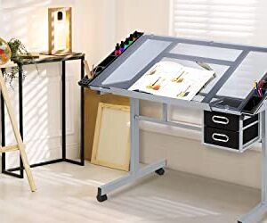 ZENY Adjustable Drafting Table, Glass Art Table Artist Drawing Desk Craft Table, Tilting Draft Table Desk on Wheels