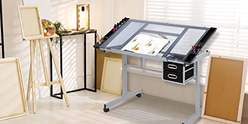 ZENY Adjustable Drafting Table, Glass Art Table Artist Drawing Desk Craft Table, Tilting Draft Table Desk on Wheels