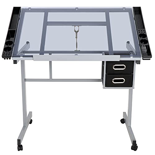 ZENY Adjustable Drafting Table, Glass Art Table Artist Drawing Desk Craft Table, Tilting Draft Table Desk on Wheels