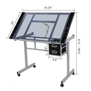 ZENY Adjustable Drafting Table, Glass Art Table Artist Drawing Desk Craft Table, Tilting Draft Table Desk on Wheels