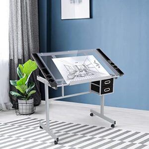 ZENY Adjustable Drafting Table, Glass Art Table Artist Drawing Desk Craft Table, Tilting Draft Table Desk on Wheels