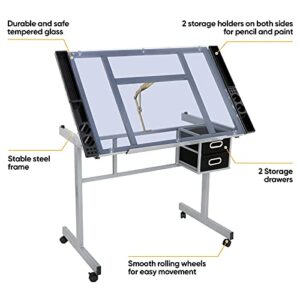 ZENY Adjustable Drafting Table, Glass Art Table Artist Drawing Desk Craft Table, Tilting Draft Table Desk on Wheels