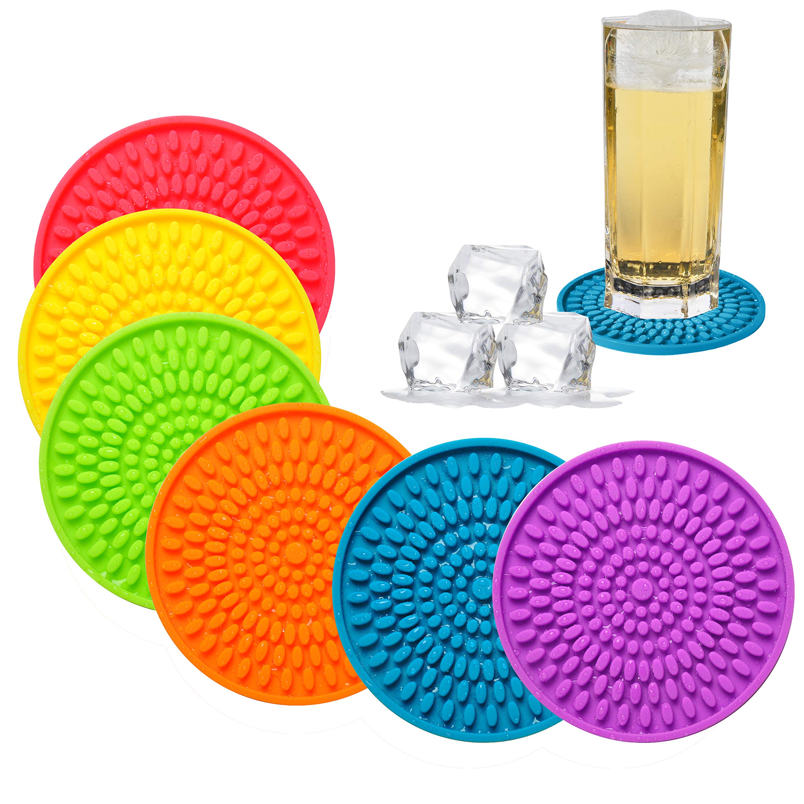 Colorful Coasters for Drinks Absorbent, Rubber Drink Coaster Set, Silicone Rainbow Coasters for Kids Coffee Table Desk, 4.3 Inch Oval Shape Deep Tray Pot Holder Trivet (Set of 6)