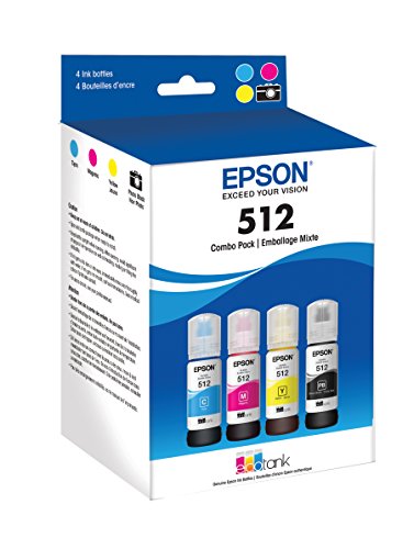 EPSON T512 EcoTank -Ink Ultra-high Capacity Bottle Color Combo Pack (T512520-S) for select Epson EcoTank Printers, Cyan/Black/Magenta/Yellow