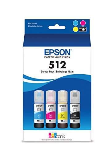 EPSON T512 EcoTank -Ink Ultra-high Capacity Bottle Color Combo Pack (T512520-S) for select Epson EcoTank Printers, Cyan/Black/Magenta/Yellow