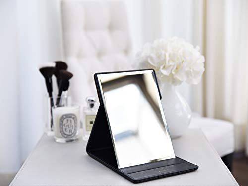 MODESSE Premium Portable Makeup Mirror (Black) | Perfect for Travel, Home Vanity, Office Desk | Large Size, Folding Design with Stand for Tabletop, Vegan Leather | Beauty Gifts for Bridesmaids