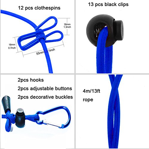 Travel Clothesline,4m/13ft Portable Retractable Adjustable Clothes Line Rope with 1 Waterproof Bag, 12 Clothespins, 13 Anti-Skid Clips for Outdoor and Indoor(Blue)