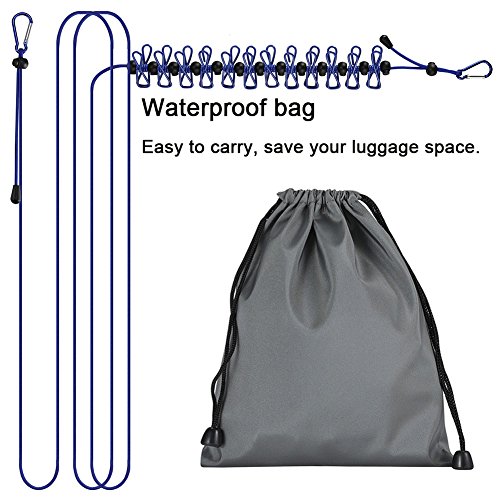 Travel Clothesline,4m/13ft Portable Retractable Adjustable Clothes Line Rope with 1 Waterproof Bag, 12 Clothespins, 13 Anti-Skid Clips for Outdoor and Indoor(Blue)