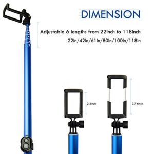 Bluetooth Long Selfie Stick- Super Length Lightweight Extendable Pole from 20'' to 118'' Built-in Wireless Remote Shutter Grip Holder Mount Compatible iPhone Samsung Android Cell Phone(Blue)