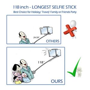 Bluetooth Long Selfie Stick- Super Length Lightweight Extendable Pole from 20'' to 118'' Built-in Wireless Remote Shutter Grip Holder Mount Compatible iPhone Samsung Android Cell Phone(Blue)