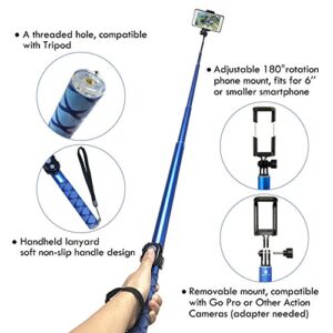 Bluetooth Long Selfie Stick- Super Length Lightweight Extendable Pole from 20'' to 118'' Built-in Wireless Remote Shutter Grip Holder Mount Compatible iPhone Samsung Android Cell Phone(Blue)