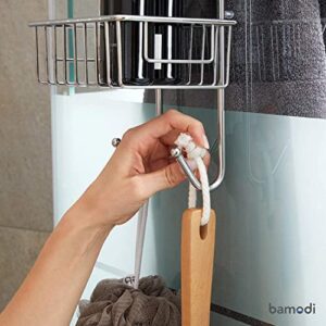 Bamodi Shower Caddy Hanging - 2 Tier Over Door Chrome Plated - No Drilling Required - Fits Shower Screens up to 0.78 inches - Hangable Shower Rack with 2 Towel Hooks (27.5 x 7.5 x 7.3 INCHES)