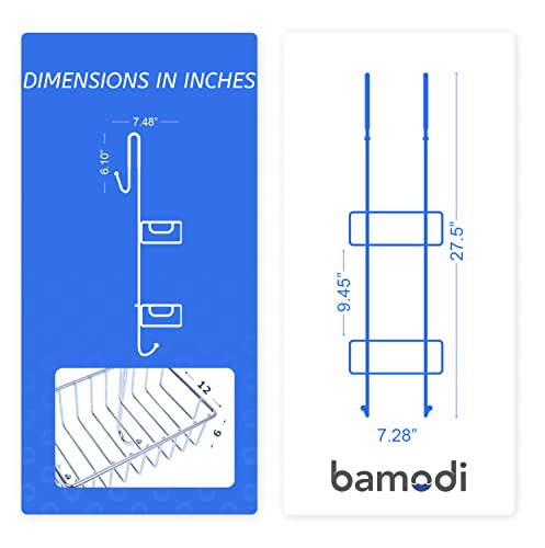 Bamodi Shower Caddy Hanging - 2 Tier Over Door Chrome Plated - No Drilling Required - Fits Shower Screens up to 0.78 inches - Hangable Shower Rack with 2 Towel Hooks (27.5 x 7.5 x 7.3 INCHES)