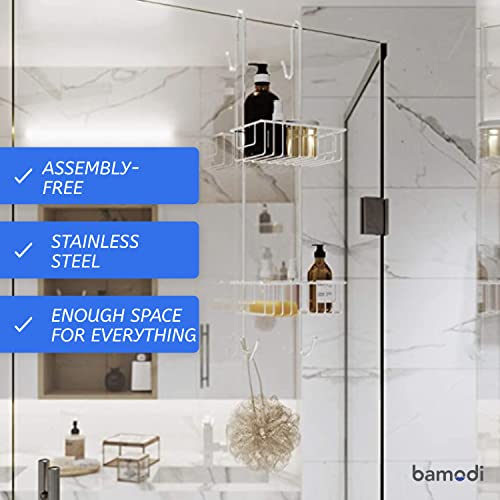 Bamodi Shower Caddy Hanging - 2 Tier Over Door Chrome Plated - No Drilling Required - Fits Shower Screens up to 0.78 inches - Hangable Shower Rack with 2 Towel Hooks (27.5 x 7.5 x 7.3 INCHES)