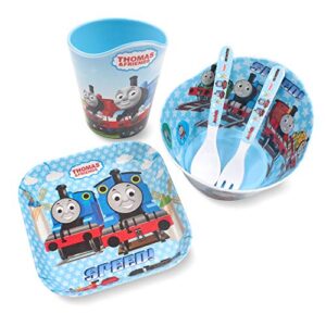 finex thomas the train 5 pcs set children cartoon durable tableware meal dishes mealtime food feeding eating set includes dinner serving bowl plate cup with a matching spoon and fork for kids