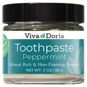 viva doria fluoride free natural toothpaste - peppermint (3 oz glass jar) refreshes mouth, freshens breath, keeps teeth and gum healthy