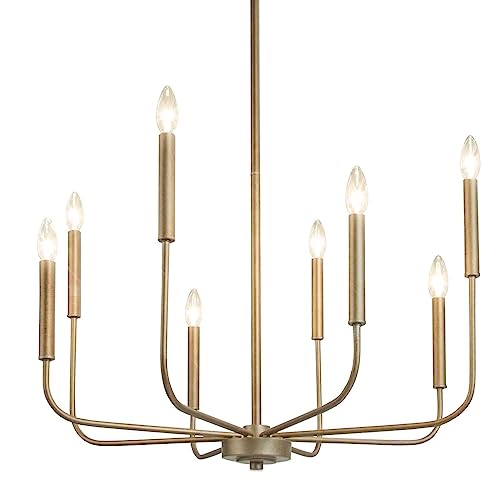 LALUZ Antique Gold Chandelier, Modern Farmhouse Light Fixture for Dining Room, Bedroom, Foyer, Living Room, Kitchen Island, Entryway (Upgraded Version, 2 Types of Height 8 Arms)