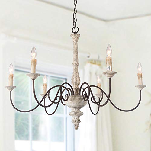 LALUZ Farmhouse Chandelier, French Country Chandelier for Dining Room, White Distressed Wood, 37” L x 28” H