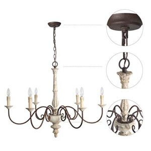 LALUZ Farmhouse Chandelier, French Country Chandelier for Dining Room, White Distressed Wood, 37” L x 28” H