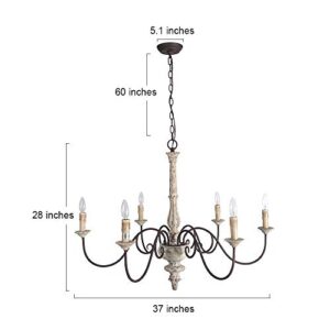 LALUZ Farmhouse Chandelier, French Country Chandelier for Dining Room, White Distressed Wood, 37” L x 28” H