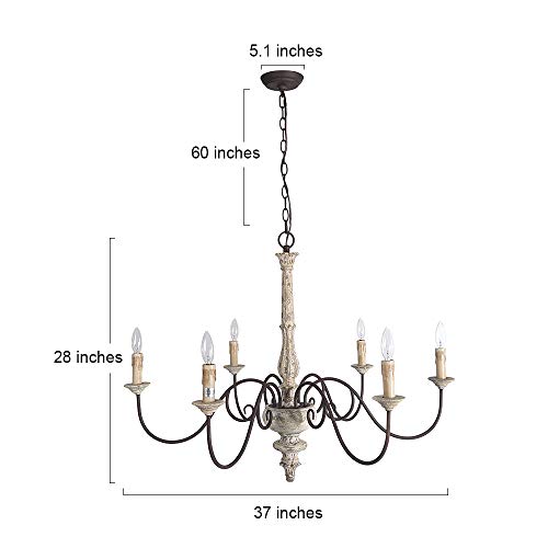 LALUZ Farmhouse Chandelier, French Country Chandelier for Dining Room, White Distressed Wood, 37” L x 28” H