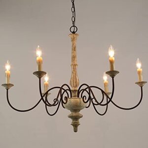 LALUZ Farmhouse Chandelier, French Country Chandelier for Dining Room, White Distressed Wood, 37” L x 28” H