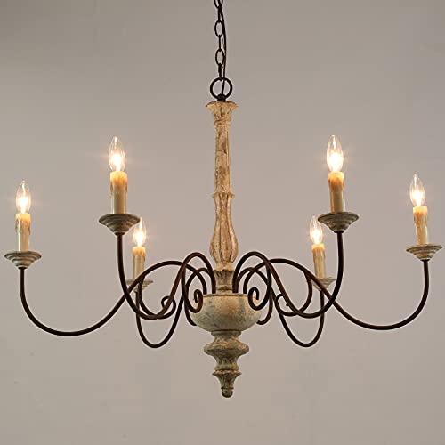 LALUZ Farmhouse Chandelier, French Country Chandelier for Dining Room, White Distressed Wood, 37” L x 28” H