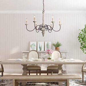 LALUZ Farmhouse Chandelier, French Country Chandelier for Dining Room, White Distressed Wood, 37” L x 28” H