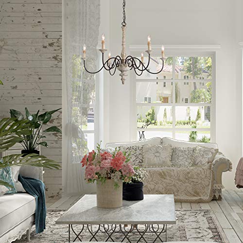 LALUZ Farmhouse Chandelier, French Country Chandelier for Dining Room, White Distressed Wood, 37” L x 28” H