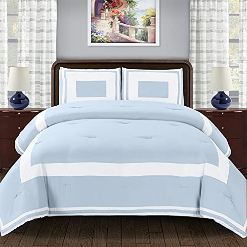 SUPERIOR Grammercy Color Blocked Comforter Set with Pillow Shams, Luxury Hotel Bedding with Soft Microfiber Shell, All Season Down Alternative Fill - Full/Queen, Light Blue