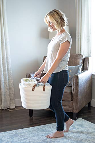 Sweetzer & Orange Large Woven Cotton Rope Storage Basket (Vegan Handles) - Blanket Storage Baskets, Laundry Basket, Toy Storage, Nursery Hamper - Decorative Off White Basket for Living Room