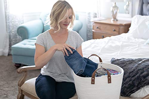 Sweetzer & Orange Large Woven Cotton Rope Storage Basket (Vegan Handles) - Blanket Storage Baskets, Laundry Basket, Toy Storage, Nursery Hamper - Decorative Off White Basket for Living Room