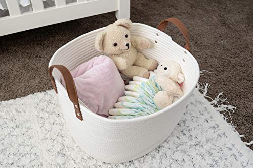 Sweetzer & Orange Large Woven Cotton Rope Storage Basket (Vegan Handles) - Blanket Storage Baskets, Laundry Basket, Toy Storage, Nursery Hamper - Decorative Off White Basket for Living Room