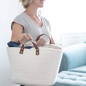 Sweetzer & Orange Large Woven Cotton Rope Storage Basket (Vegan Handles) - Blanket Storage Baskets, Laundry Basket, Toy Storage, Nursery Hamper - Decorative Off White Basket for Living Room