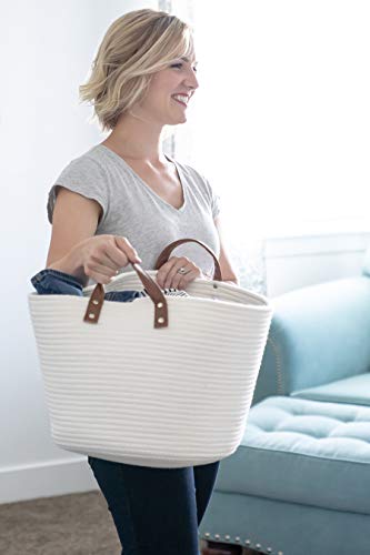 Sweetzer & Orange Large Woven Cotton Rope Storage Basket (Vegan Handles) - Blanket Storage Baskets, Laundry Basket, Toy Storage, Nursery Hamper - Decorative Off White Basket for Living Room