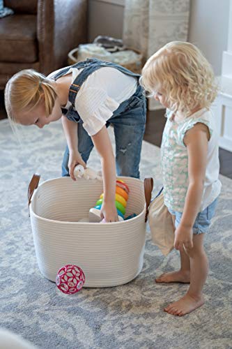 Sweetzer & Orange Large Woven Cotton Rope Storage Basket (Vegan Handles) - Blanket Storage Baskets, Laundry Basket, Toy Storage, Nursery Hamper - Decorative Off White Basket for Living Room