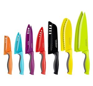 cook n home 14-piece coated carbon stainless steel knife set with sheaths, multicolor