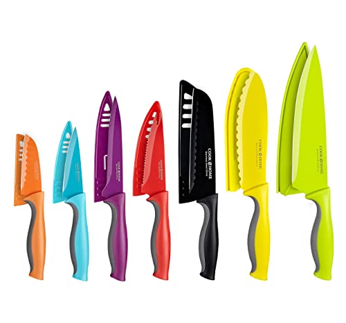 Cook N Home 14-Piece Coated Carbon Stainless Steel Knife Set with Sheaths, Multicolor