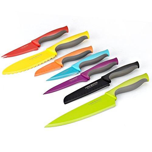 Cook N Home 14-Piece Coated Carbon Stainless Steel Knife Set with Sheaths, Multicolor