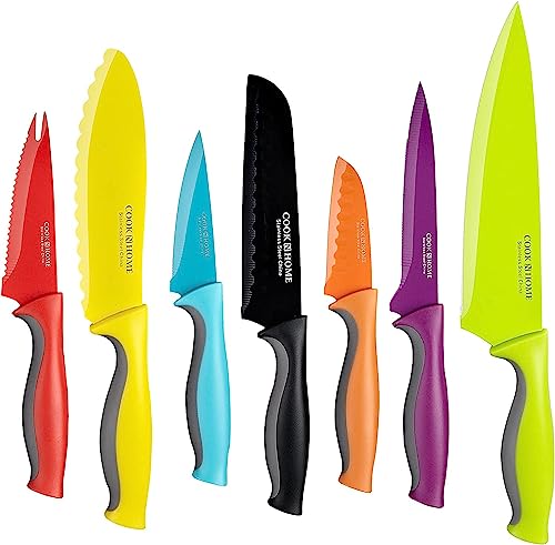 Cook N Home 14-Piece Coated Carbon Stainless Steel Knife Set with Sheaths, Multicolor