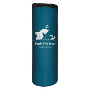 tree-free greetings barista tumbler vacuum insulated, stainless steel travel coffee mug/cup, 1 count (pack of 1), sharks love people