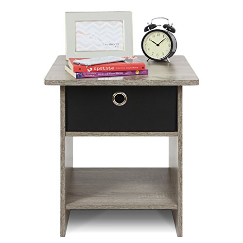 Furinno Dario End Table / Side Table / Night Stand / Bedside Table with Bin Drawer, 1-Pack, French Oak Grey/Black