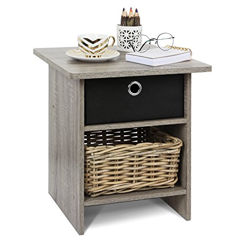 Furinno Dario End Table / Side Table / Night Stand / Bedside Table with Bin Drawer, 1-Pack, French Oak Grey/Black