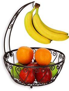 simple houseware metal fruit basket bowl with banana tree hanger, bronze