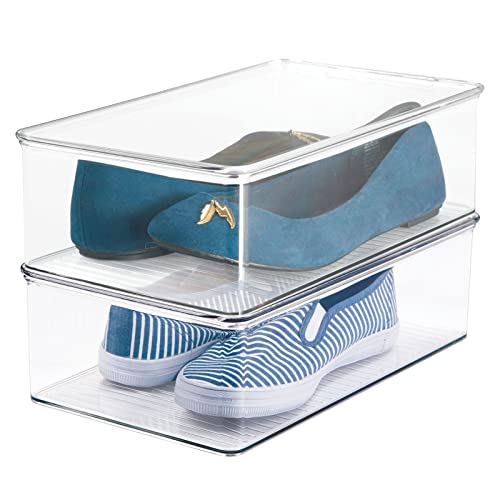 mDesign Plastic Closet Organizer Box Containers with Hinged Lid for Bedroom Shelves/Cabinets, Holds Flats, Sandals, Sneakers, Dress Shoes, Heels, Booties, and Wedges, Ligne Collection, 2 Pack, Clear