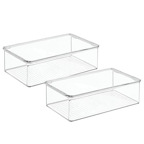 mDesign Plastic Closet Organizer Box Containers with Hinged Lid for Bedroom Shelves/Cabinets, Holds Flats, Sandals, Sneakers, Dress Shoes, Heels, Booties, and Wedges, Ligne Collection, 2 Pack, Clear