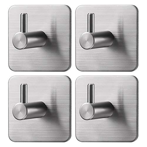 Jekoo Adhesive Hooks, Hooks for Hanging Wall Hanger Towel Hooks Heavy Duty Ideal for Bathroom Shower Kitchen Home Door Closet Cabinet Stainless Steel - 4Packs