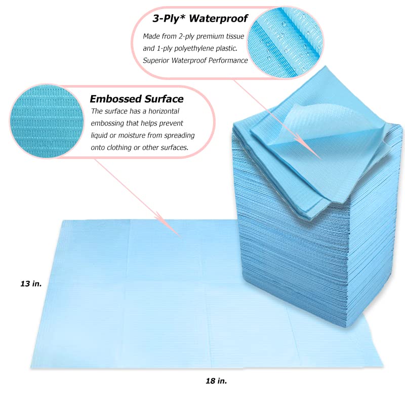 125 PC Premium Disposable 2-Ply w/Poly Patient Bibs 13"x18", Soft and Fluid Resistant, 6 Attractive Colors (Blue)