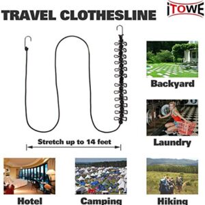 iTOWE 2Pack Portable Clothesline with 12 Pins Travel Clothesline Retractable Elastic Laundry Clothes Line with 12 Clothespin for Backyard Vacation Hotel Balcony Clothes Drying Line Camping Accessories