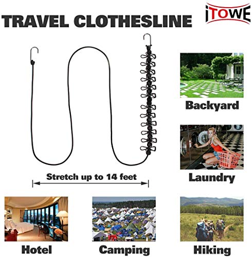 iTOWE 2Pack Portable Clothesline with 12 Pins Travel Clothesline Retractable Elastic Laundry Clothes Line with 12 Clothespin for Backyard Vacation Hotel Balcony Clothes Drying Line Camping Accessories